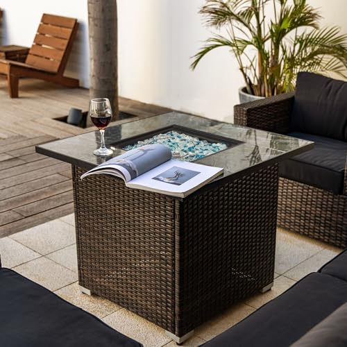 WOXYX 30inch Outdoor Fire Pit Table,40000BTU Rattan Gas Firepit Tables with Glass Rocks and Rain Cover