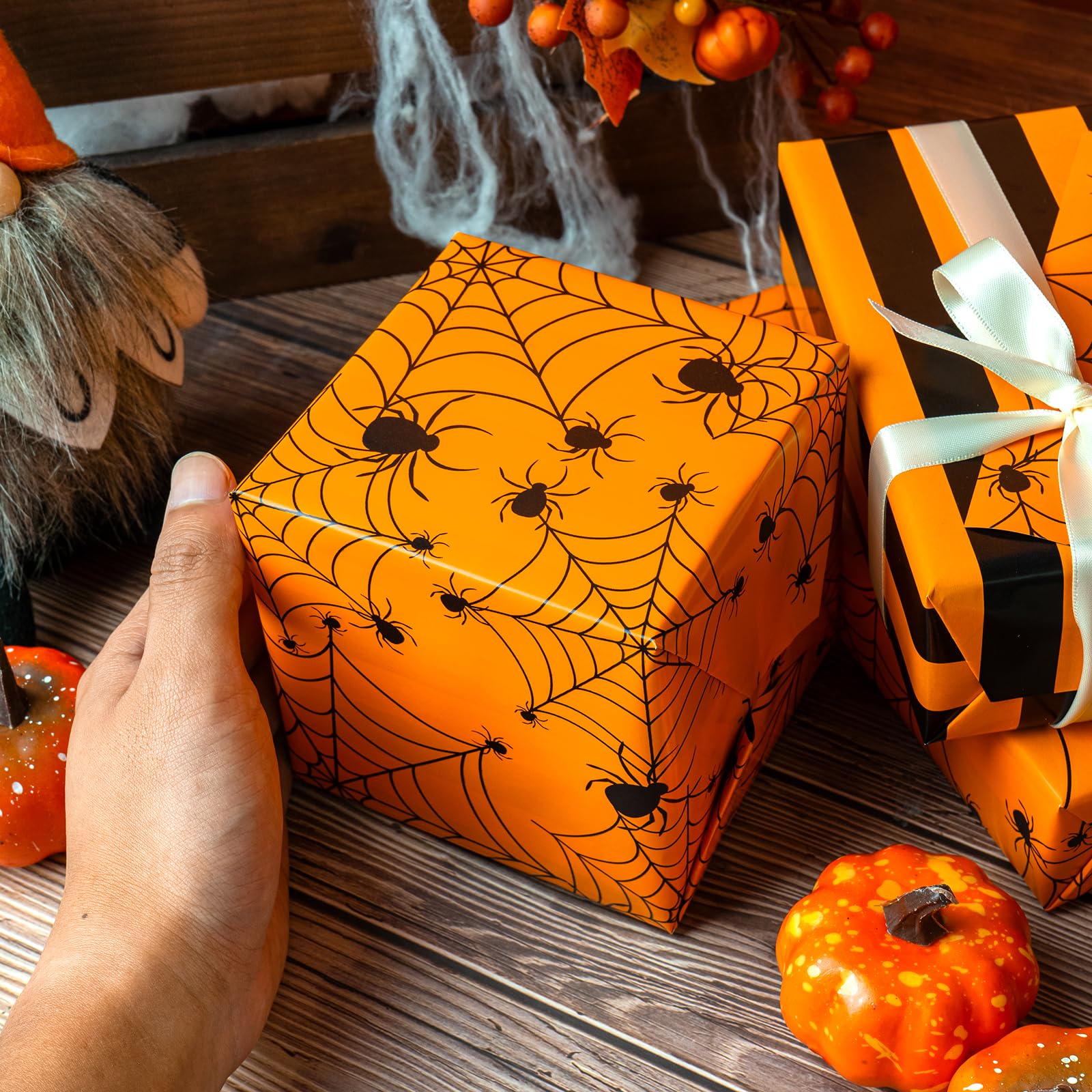WRAPAHOLIC Halloween Reversible Wrapping Paper Roll - Mini Roll - 17 Inch X 33 Feet - Spider Design, Perfect for Halloween Decorations, Holiday, Party