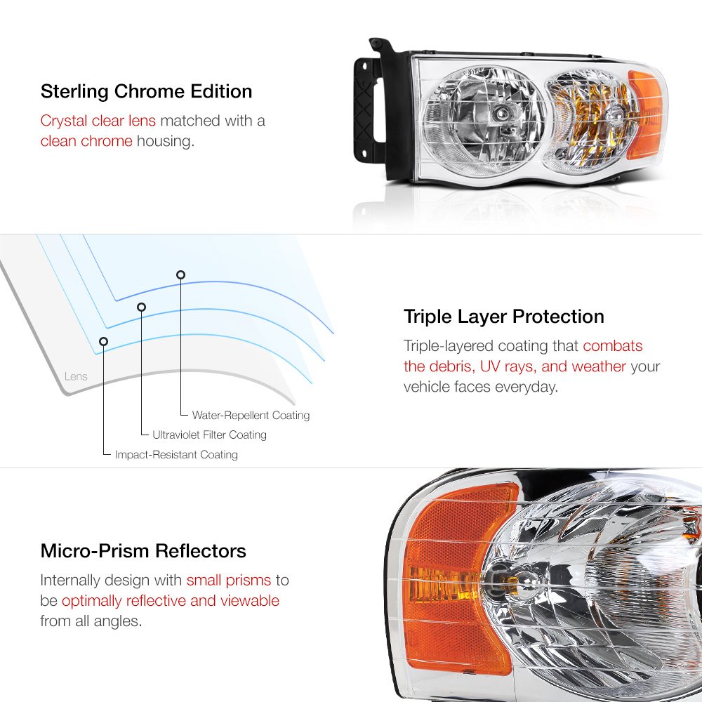 VIPMOTOZ Chrome Housing OE-Style Headlight Headlamp Assembly For 2002-2005 Compatible with Dodge RAM 1500 2500 3500 Pickup Truck, Driver & Passenger Side