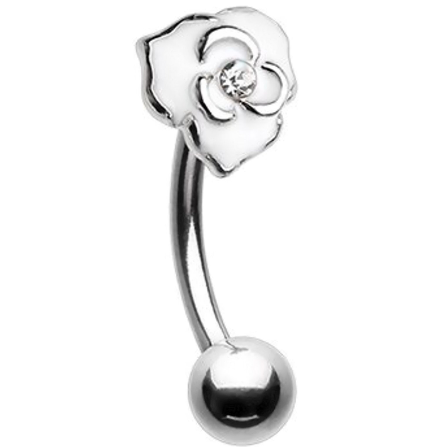 White Rose Flower Stainless Steel Eyebrow Ring Curved Barbell - 16 Gauge 5/16"