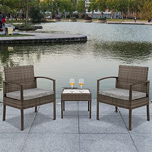 YUTR in Stock 3 Piece Patio Furniture Set Wicker Rattan Outdoor Patio Conversation Set 2 Cushioned Chairs & End Table