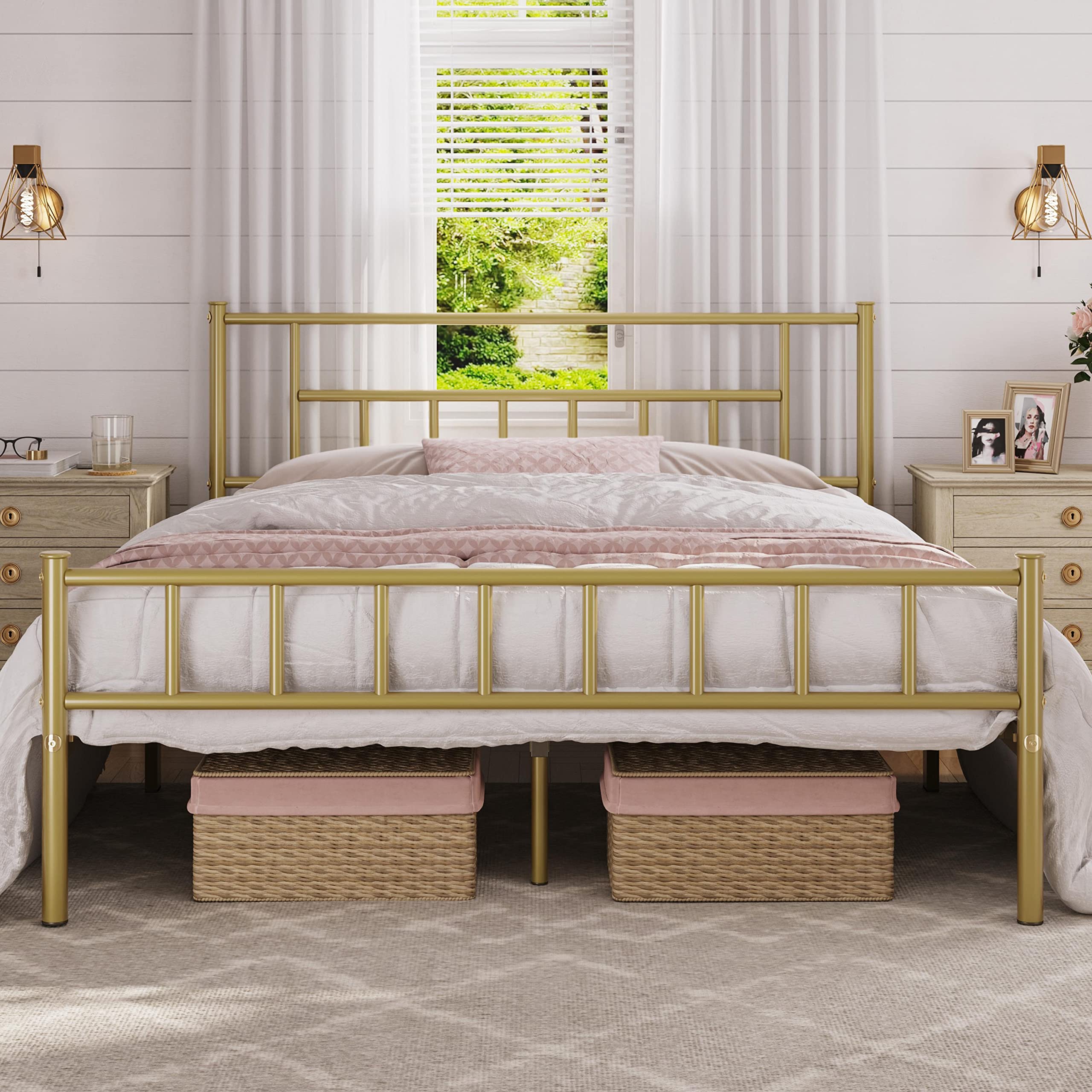 Yaheetech 13 inch Queen Size Metal Bed Frame with Headboard and Footboard Platform Bed Frame with Storage No Box Spring Needed Mattress Foundation Antique Gold