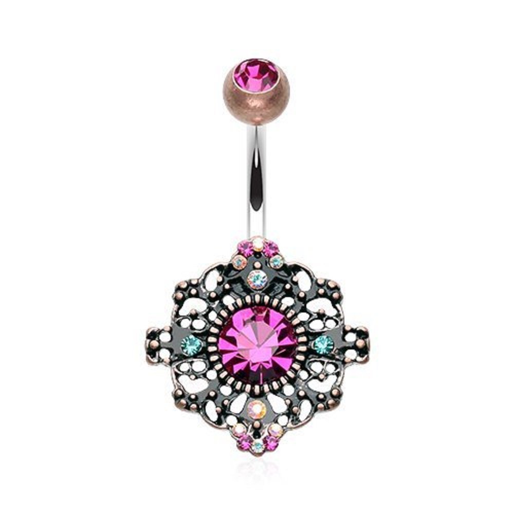 WildKlass Jewelry Vintage Boho Filigree Flower 316L Surgical Steel Belly Button Ring (Brass/Red/Turquoise)