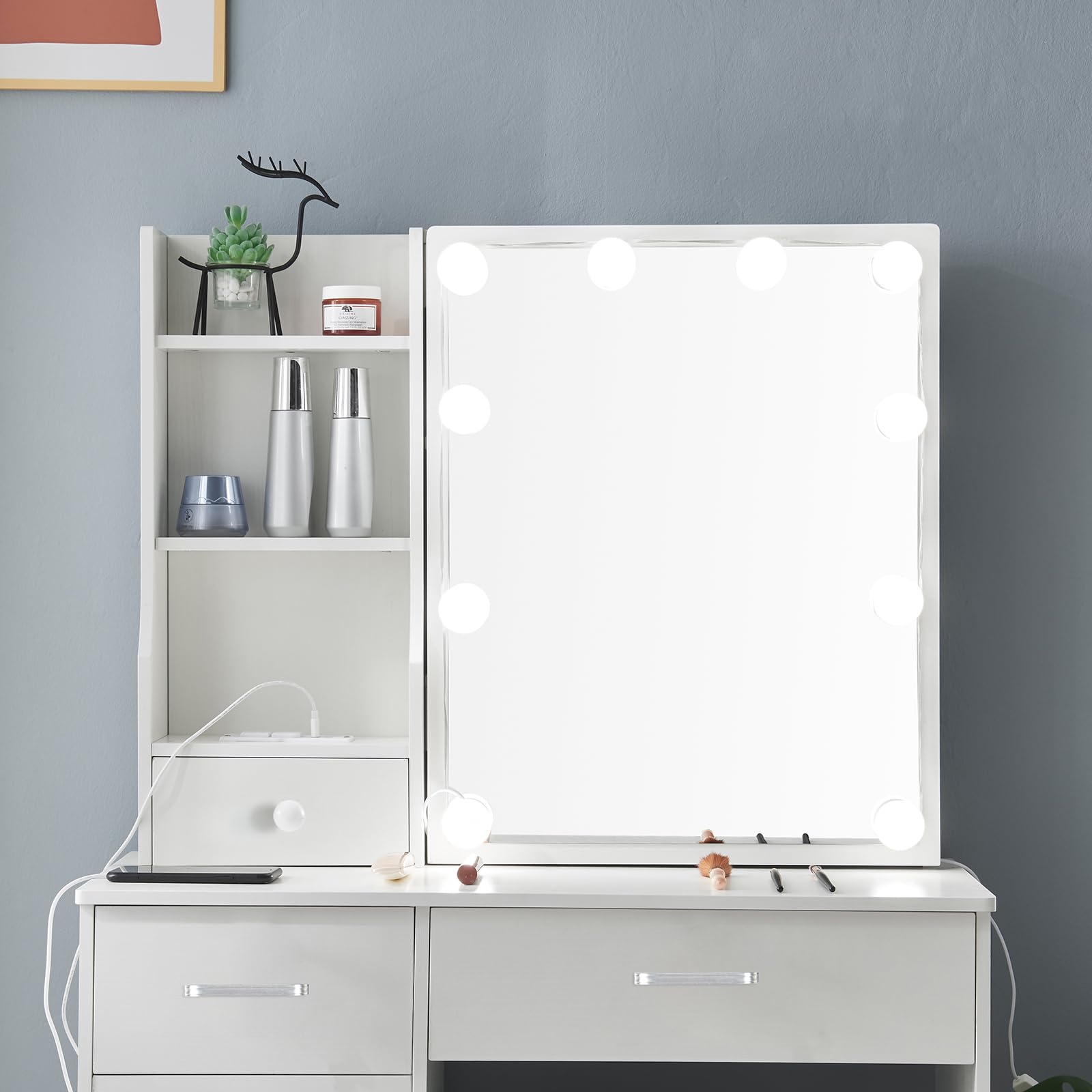 White Makeup Vanity with Lighted Mirror, Vanity Table with Storage Drawer, Dressing Table with Cushioned Stool and for Bedroom, Makeup Room (Modern Vanity 007)