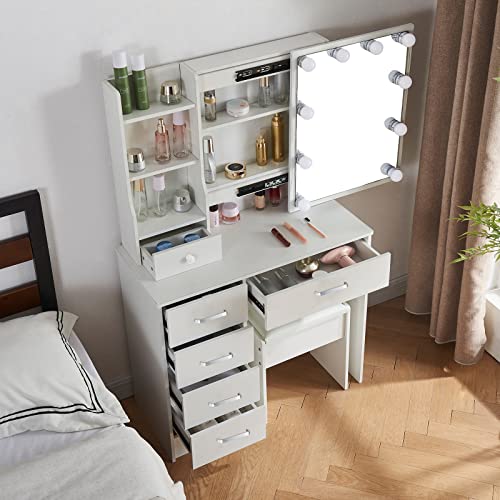 White Vanity Desk with Mirror and Lights, Makeup Vanity Desk with 5 Drawers of Storage, Bedroom Makeup Dressing Table with Stool, White (JTO-05)