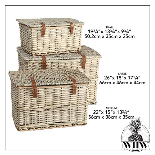 WHW Whole House Worlds Cape Cod Wicker Storage Trunks, Set of 3 Sizes, Faux Leather Straps and Handles, Hinged Tops
