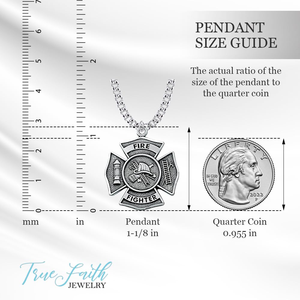 TrueFaithJewelry Sterling Silver Fire-Fighter Shield Medal Cross Pendant Necklace, 1 Inch