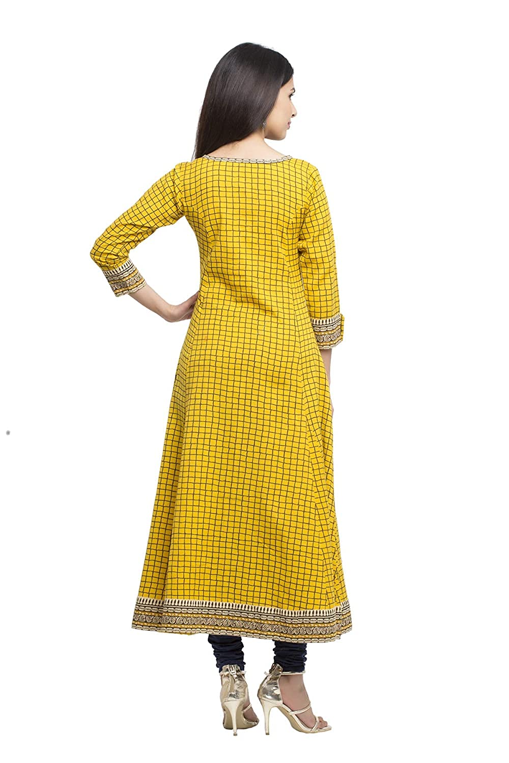 Yash Gallery Women's Cotton Slub Checks Print 3/4 Sleeves Anarkali Kurta (Yellow, XL)