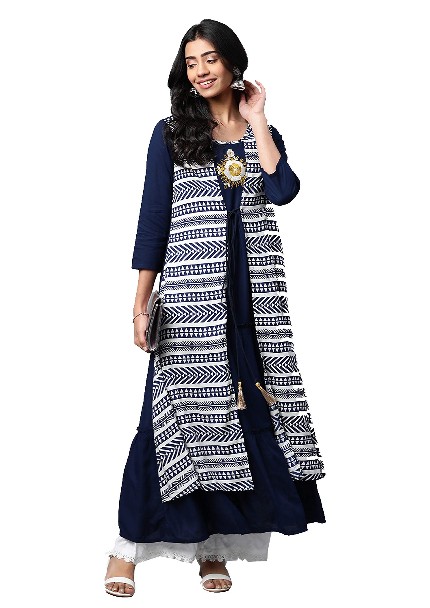 Yash Gallery Women's Rayon Geometric Print Anarkali Kurta (Blue)