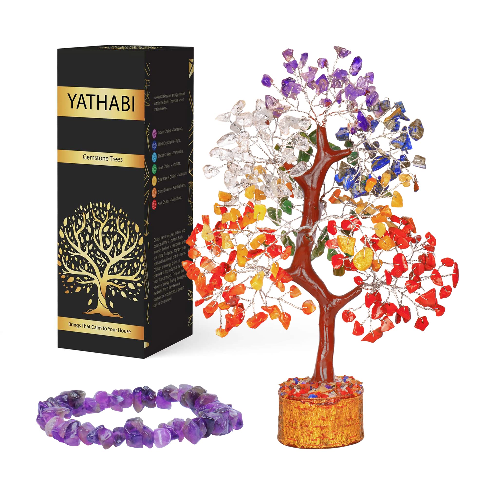 YATHABI Seven Chakra Tree - Crystal Tree for Positive Energy - Crystals and Healing Stones - Chakra Tree - Gem Tree - Crystal Bonsai Tree - Crystal Decor - Crystal Tree