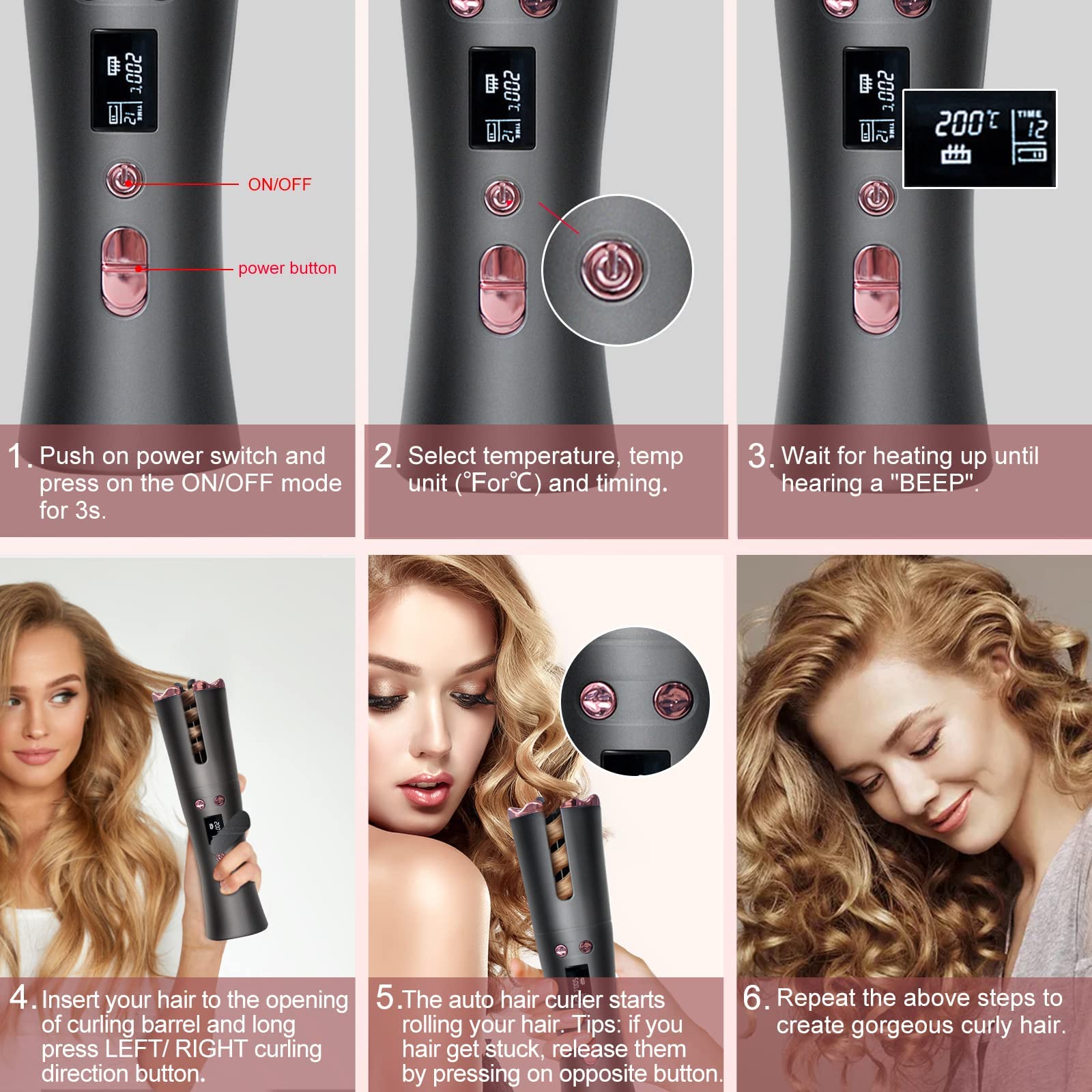 Yebicola Automatic Curling Iron, Cordless Curling Iron Automatic Hair Curler with 6 Temps & Timers, Auto Shut-Off Rechargeable, Ceramic Portable Curling Iron for Fine Medium Hair Mother's Day