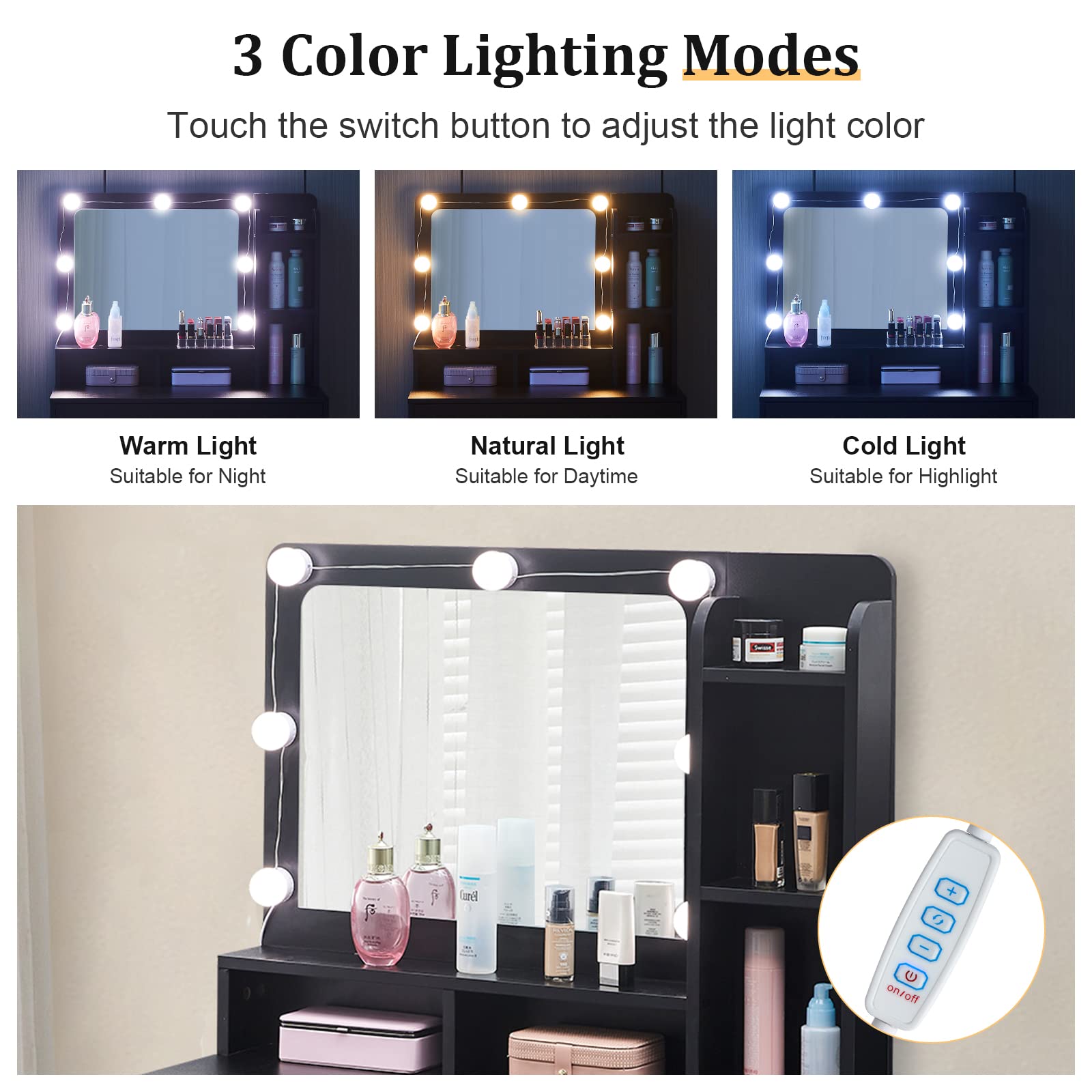 TUKAILAi Vanity Desk Set with LED Lighted Mirror & Cushioned Stool, Makeup Dresser Dressing Table with 5 Open Storage Shelves, 1 Drawer & Movable Chest, Gift for Women Girl Bedroom Studio (Black)