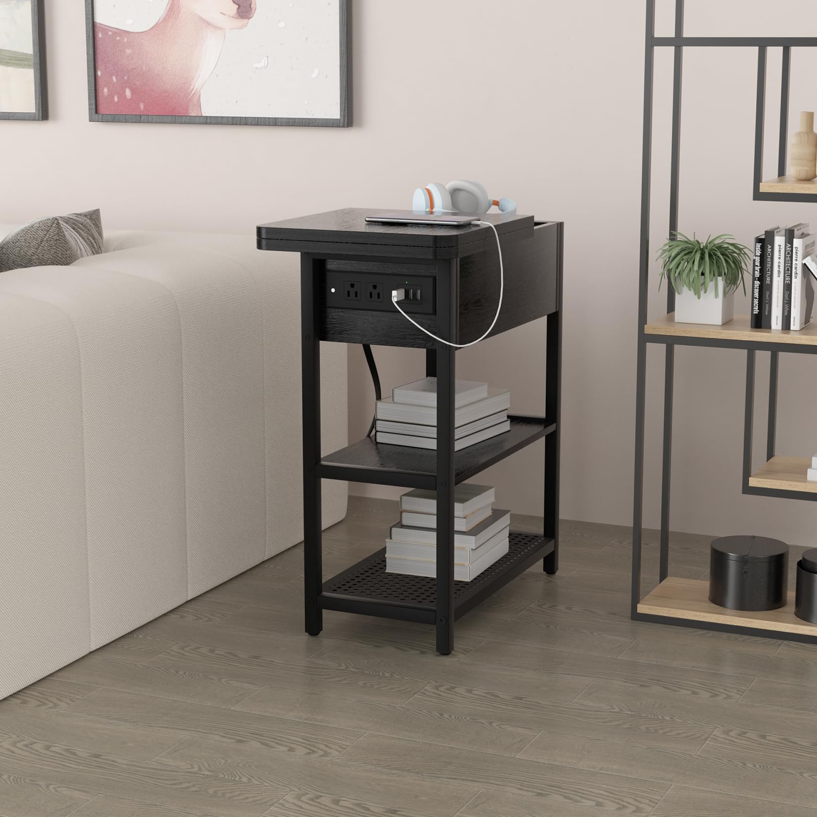 Yenlure End Table with Charging Station, Narrow Side Table with 5 USB Ports & Outlets, Flip Top Nightstand for Small Space, Bedside Table with Storage Shelf for Living Room/Bedroom, Black