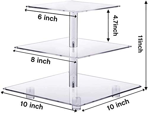 YestBuy 3 Tier Square Cupcake Stand - Premium Cupcake Holder - Acrylic Cupcake Tower Display - Cady Bar Party Décor + LED Light String - Ideal for Weddings, Birthday Parties(Blue Light)