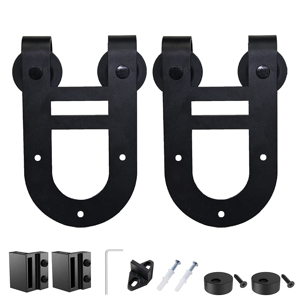WINSOON Black Sliding Barn Door Hardware Roller Kit Set Antique Horseshoe Double Hanger Rollers Compatible with 1 3/8-1 3/4" Door Panel