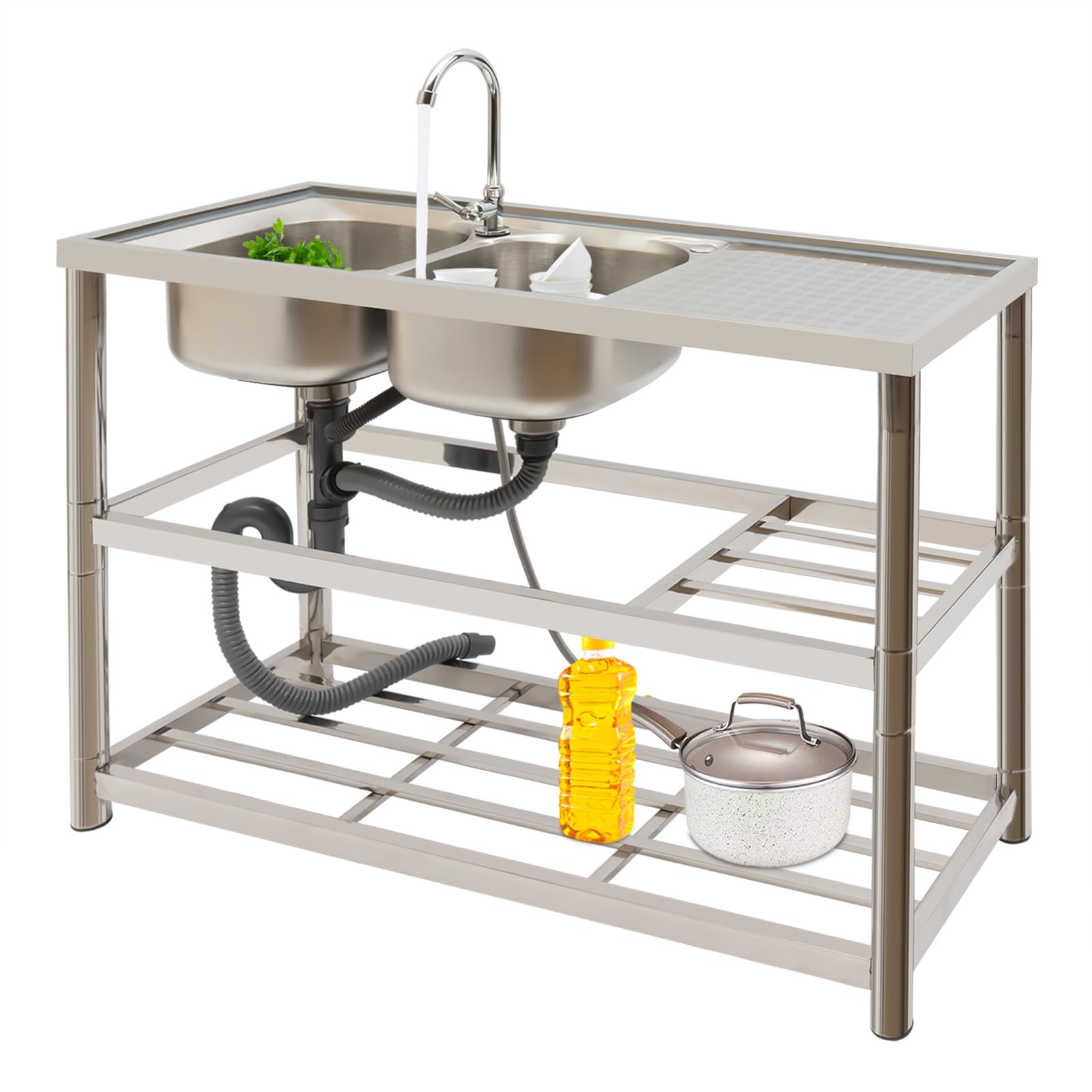 WINUS Free Standing Stainless-Steel Double Bowl Commercial Restaurant Kitchen Sink Set w/Faucet & Drainboard, Prep & Utility Washing Hand Basin w/Workbench & Double Storage Shelves Indoor Outdoor