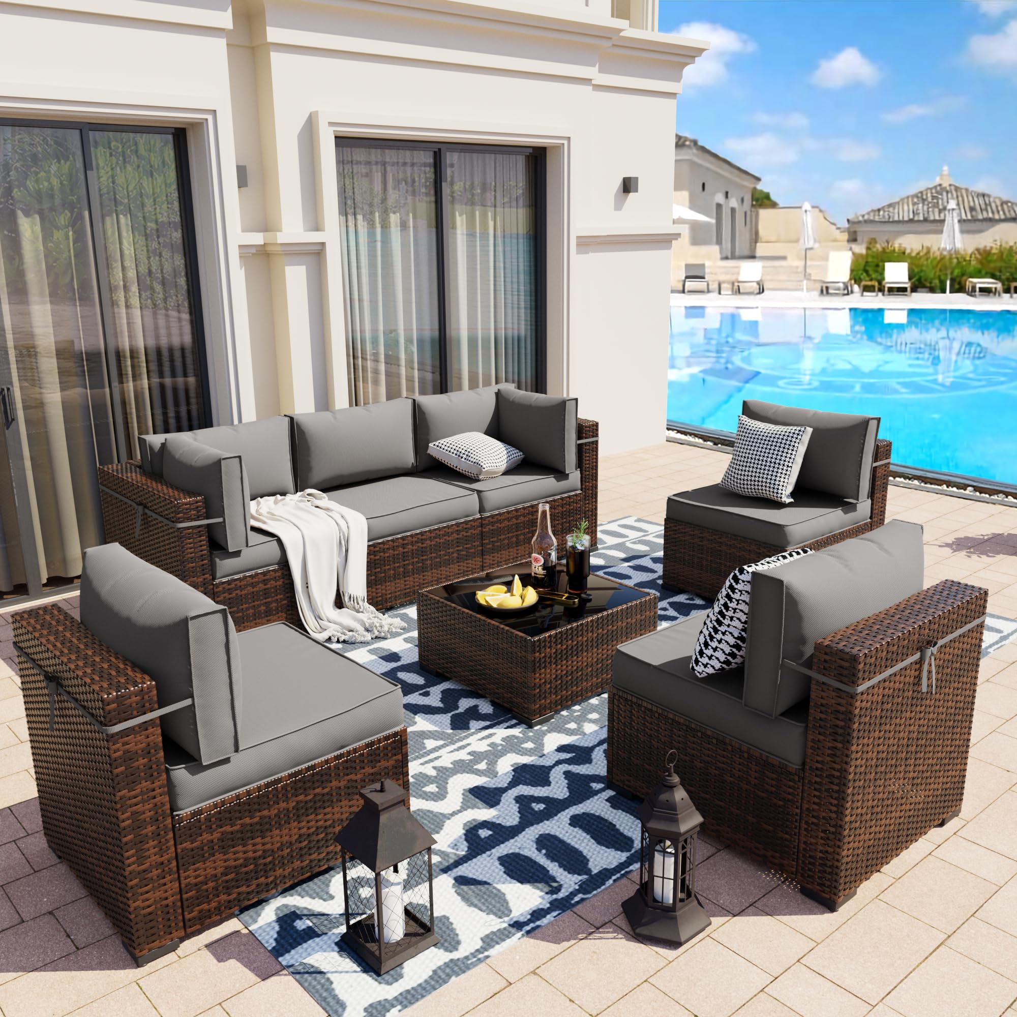 UDPATIO Patio Furniture Sets, Modular Rattan Outdoor Patio Sectional Furniture Sofa Set, Wicker Patio Conversation Set for Backyard, Deck, Poolside w Glass Coffee Table, 7PC Grey (Include Sofa Cover)