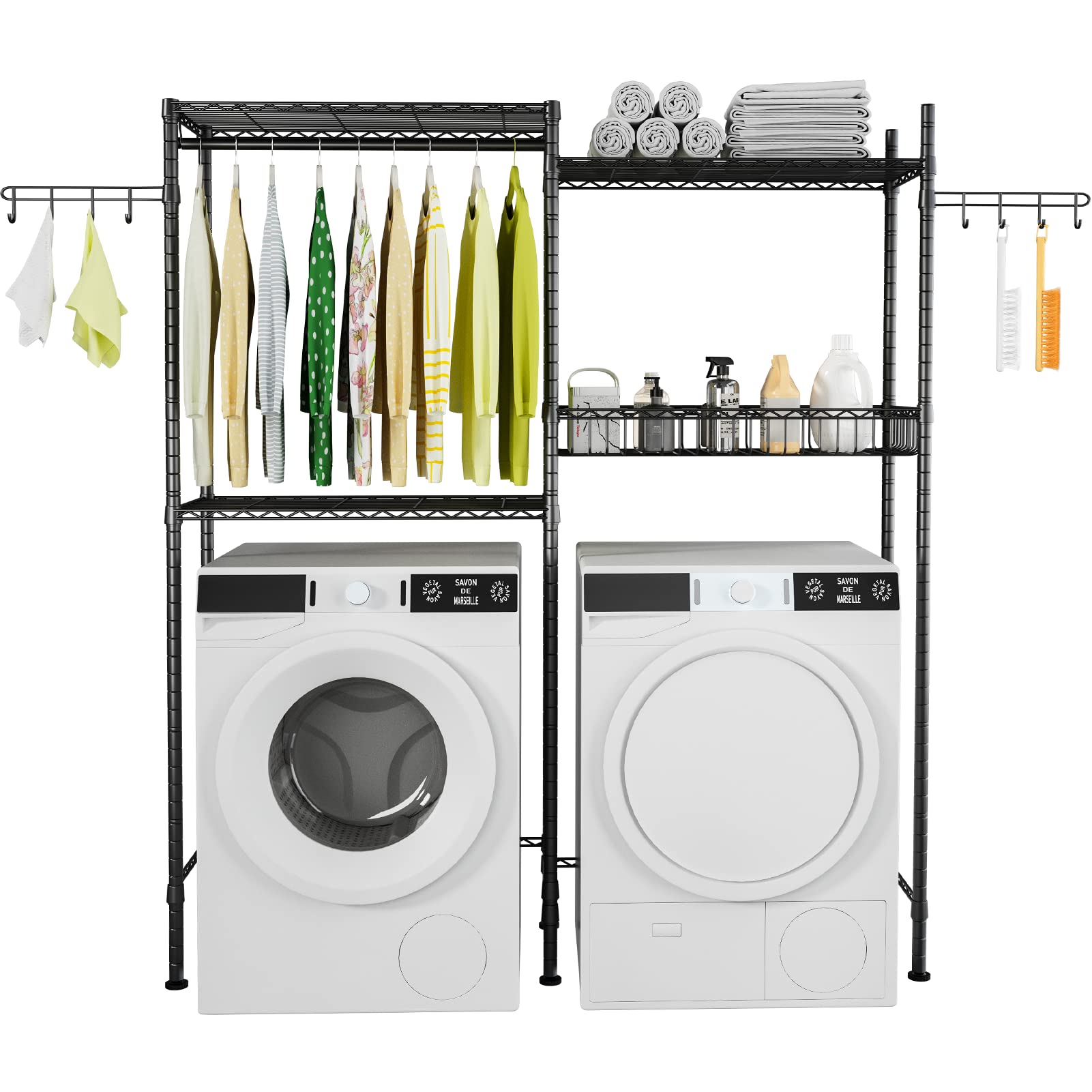 Ulif over Washer and Dryer Shelves, Laundry Room Storage Rack, Laundry Space Saver with Wire Basket and 2 Hooks, 57.8" L x 13.4" D x 76.7" H, Black