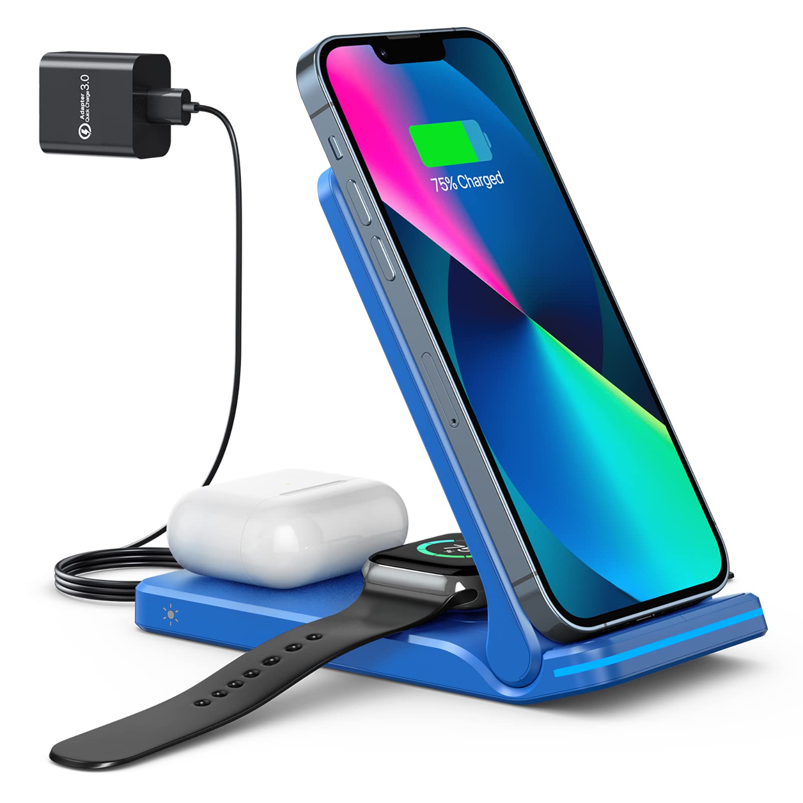 Wireless Charging Station, 3 in 1 Wireless Charger Stand, Fast Wireless Charging Dock for iPhone 14/13/12/11/Pro/X/Max/XS/XR/8/Plus, Apple Watch7/6/5/4/3/2/SE, Airpods 3/2/Pro(Blue)