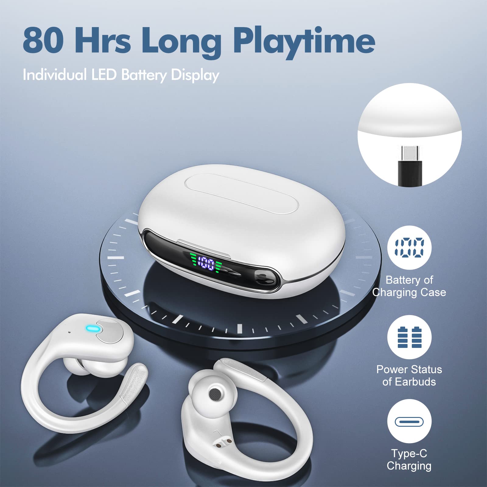 Wireless Earbuds, Bluetooth Headphones 80Hrs Playback with LED Diaplay Charging Case Noise Cancelling Ear buds with Earhooks, IPX7 Waterproof Over Ear Earphones for Sports Running Workout(White)