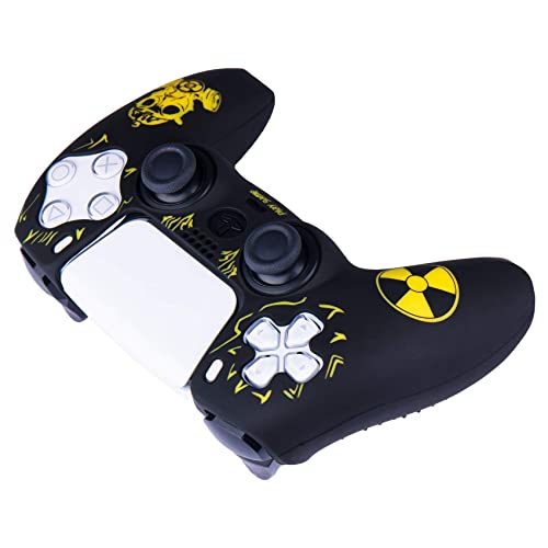YoRHa Silicone Rubber Back Dots Carving Customizing Skin Cover for PS5 Controller x 1(Radiation Yellow) with Pro Thumb Grips x 10