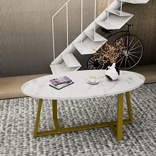 Wolawu Oval Faux Marble Coffee Table - Modern Gold Elliptic Side End Table for Living Room and Kitchen