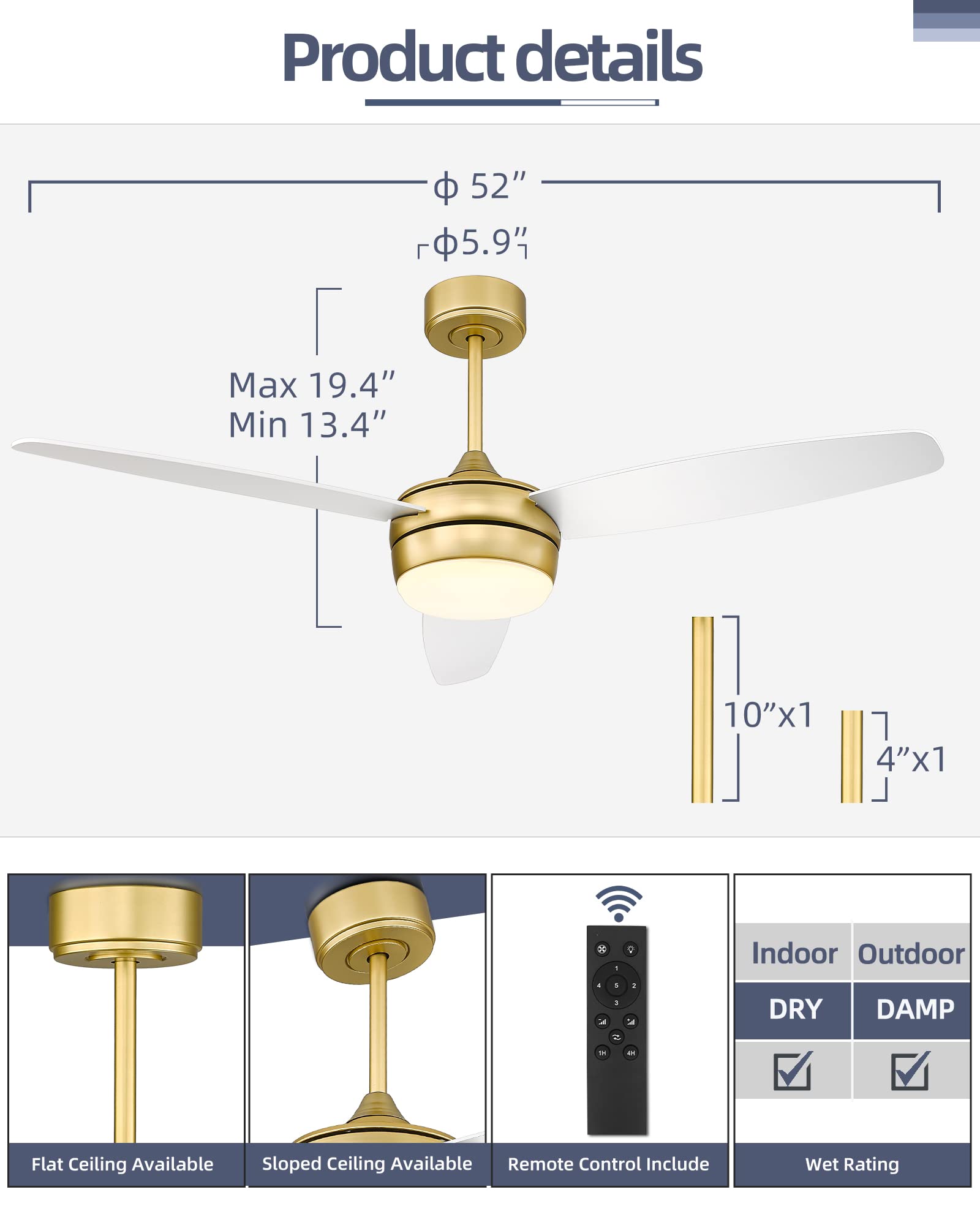 YOUKAIN Modern Ceiling Fan, 52 Inch Gold Ceiling Fan with Light and Remote Control, LED Ceiling Fan with 3 White Blades for Living room, Bedroom, Bathroom, 52-YJ273-WH