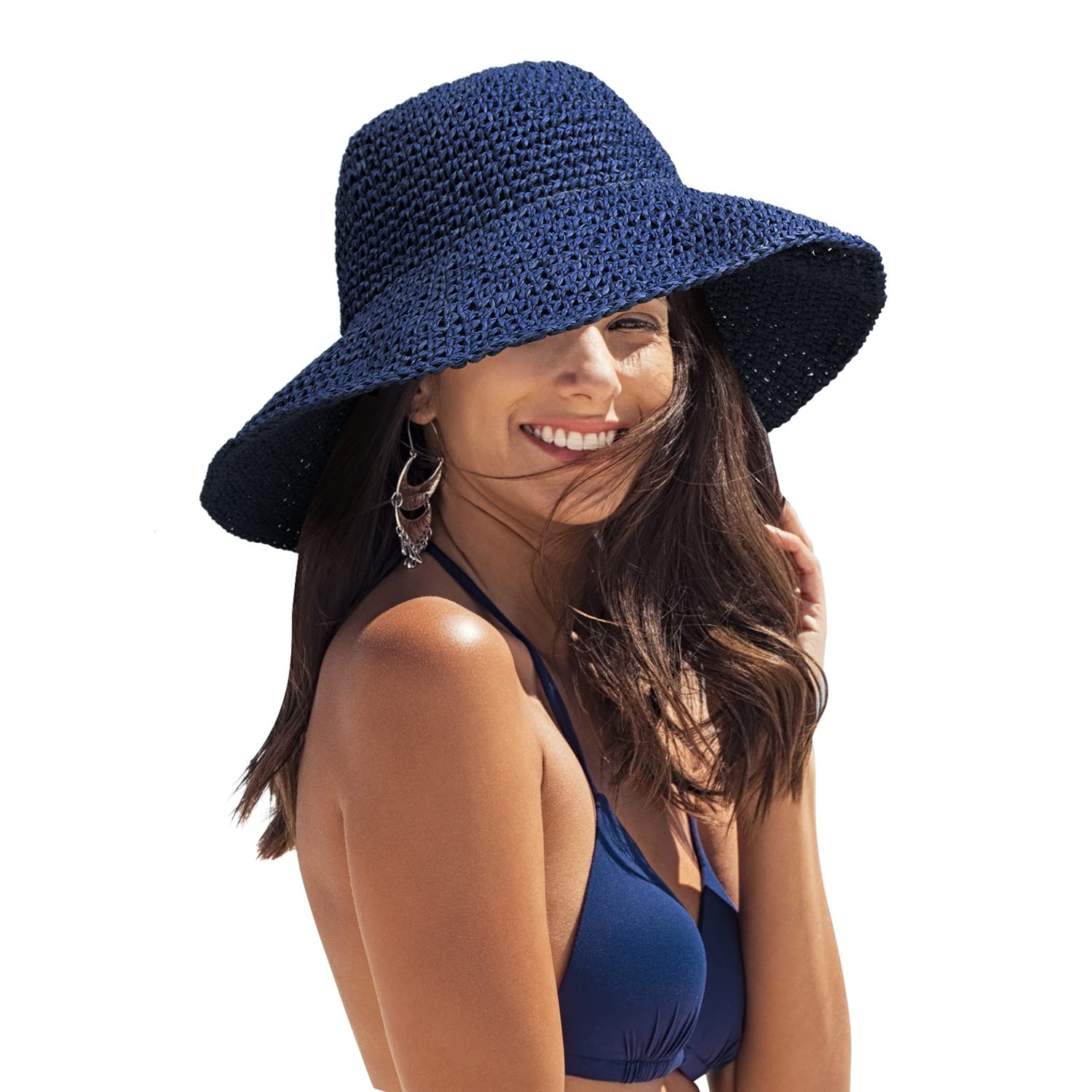 Women Floppy Straw Sun Hat Foldable Beach Hat Summer Packable Bucket Hat Wide Brim Cap