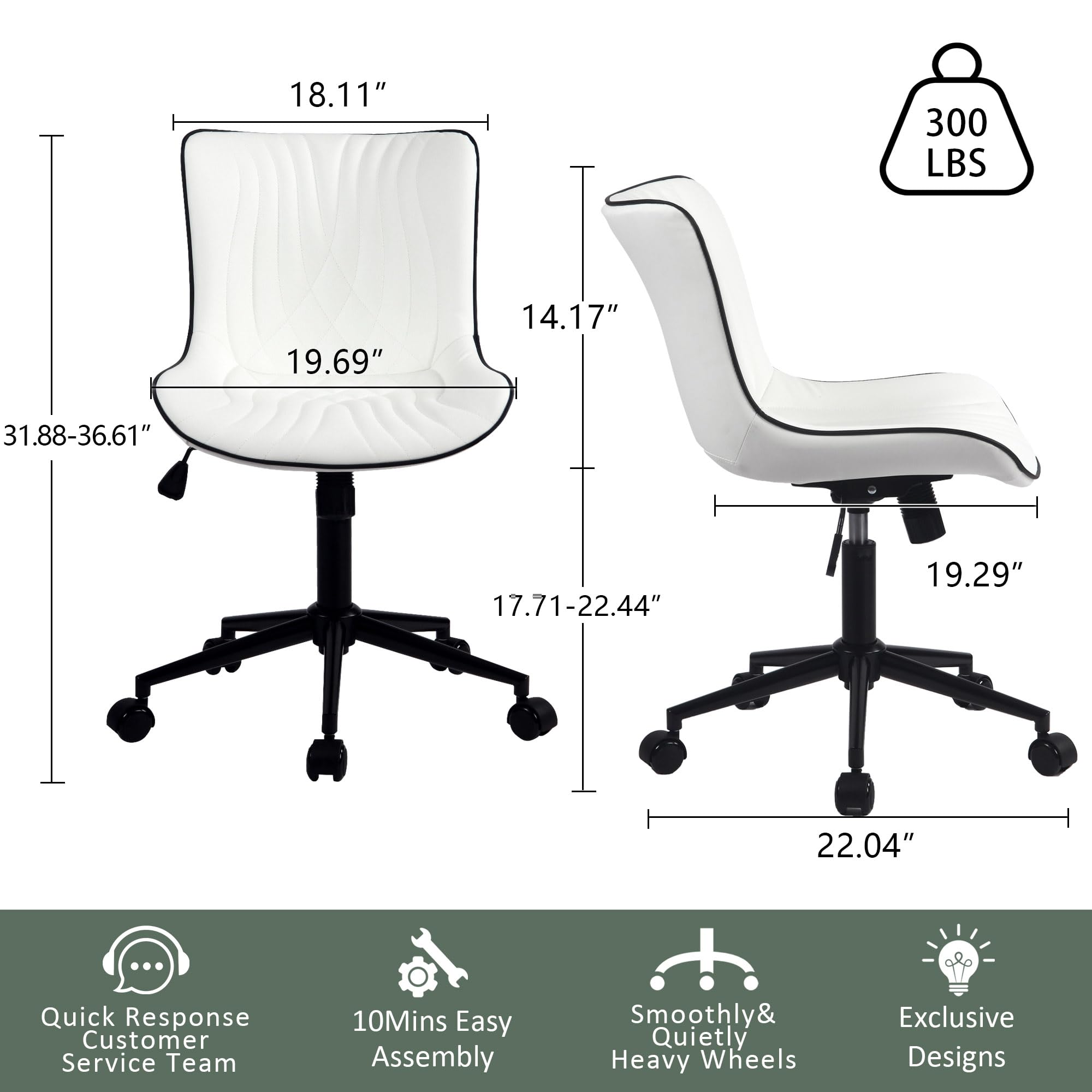 YOUTASTE Office Chair Modern Armless Desk Chair, Height Adjustable Swivel Rocking Computer Task Chair, Faux Leather Sewing Chairs with Wheels, Stylish Lounge Vanity Chair,White