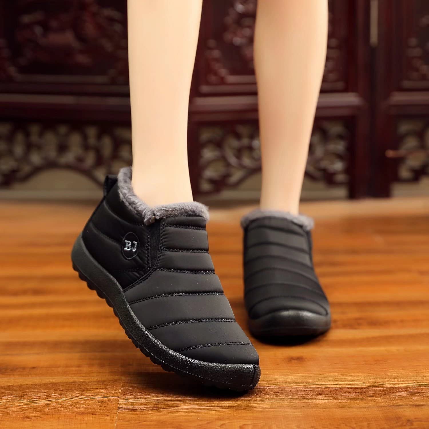 Women Warm Ankle Snow Boots Fur Lining Thickening Slip On Winter Shoes Black US 8.5(41)