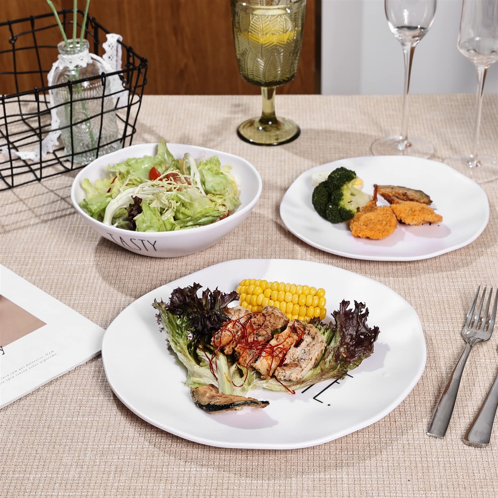 Yummost Melamine Dinnerware Sets, Plates and Bowls Set for 4, Perfect for Indoor and Outdoor Dining Party, Dishwasher Safe, LET'S EAT Word Print