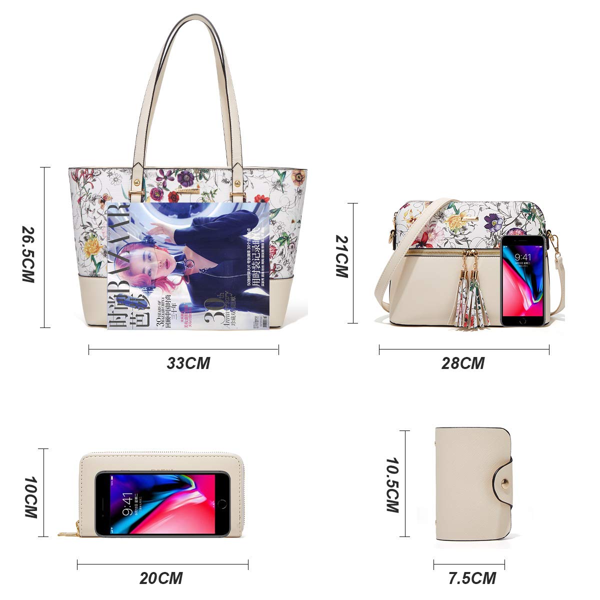 Women Fashion Synthetic Leather Handbags Tote Bag Shoulder Bag Top Handle Satchel Purse Set 4pcs