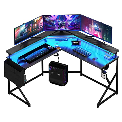 Wonder Comfort L Shaped 51 Inch Computer Desk with LED Lights,Corner Gaming Table Cup Holder Power Outlets/Monitor Stand for Home Office, Black
