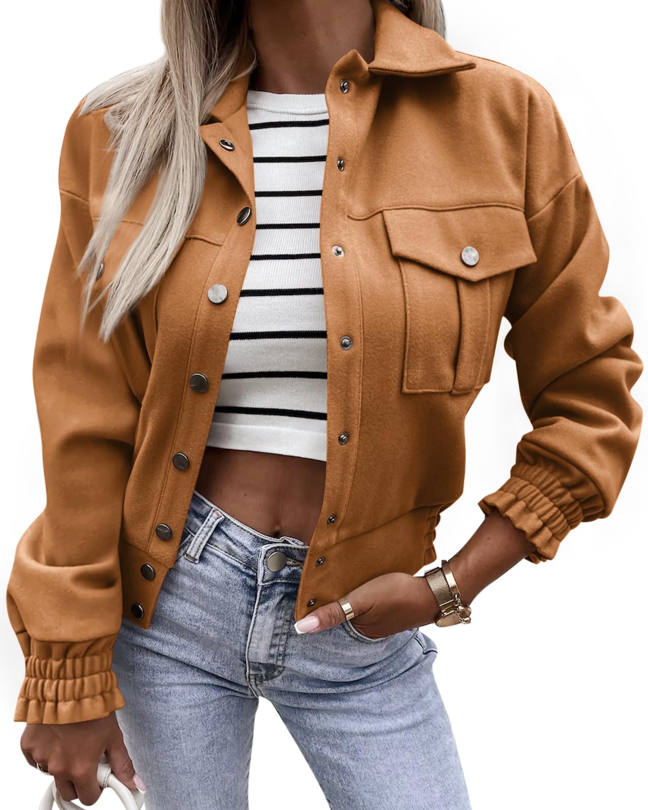 Women's Military Safari Cropped Jackets Button Down Oversized Utility Anorak Coat with Pockets Green,M