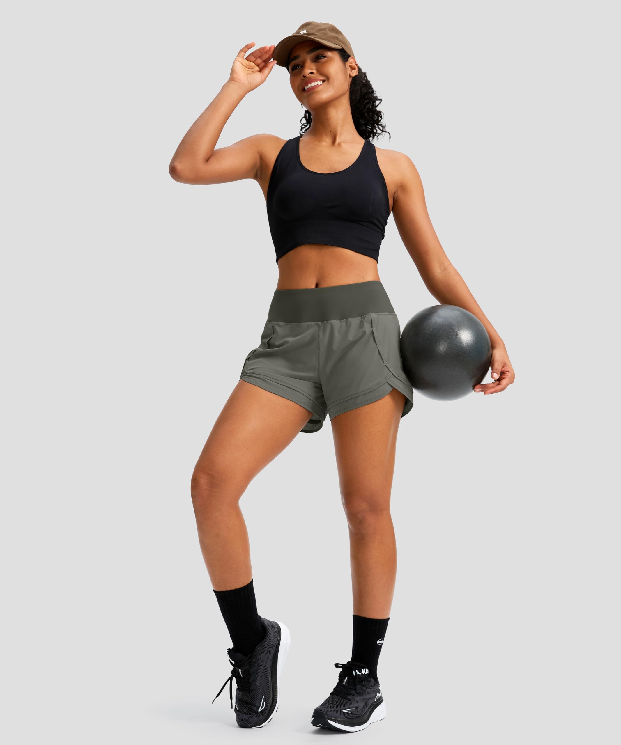 Women's Running Shorts High Waisted Quick-Dry 3 Inch Gym Workout Athletic Shorts for Women with Zipper Pocket(Army Green, M)