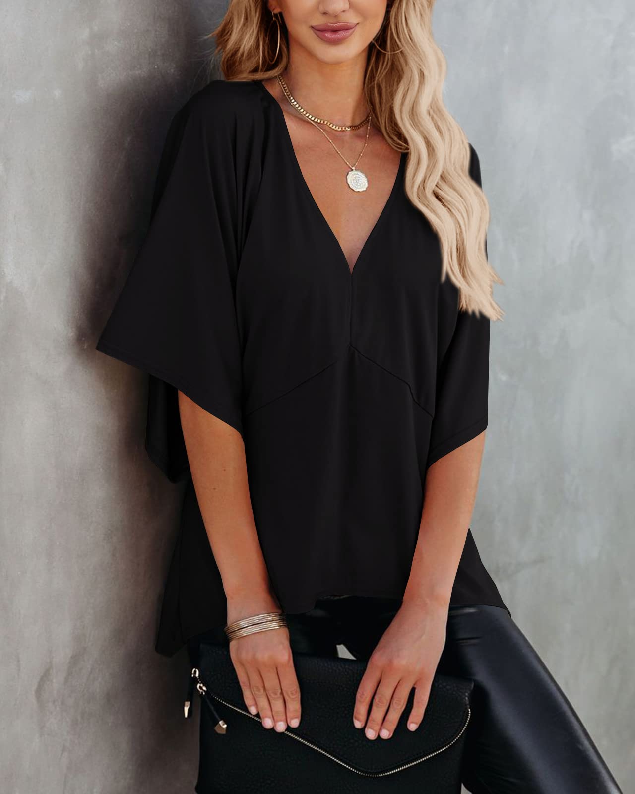 Womens V Neck 3/4 Bell Sleeve Blouse Tops Summer Loose Solid Kimono Shirt Patchwork Irregular Hem Tunic Black