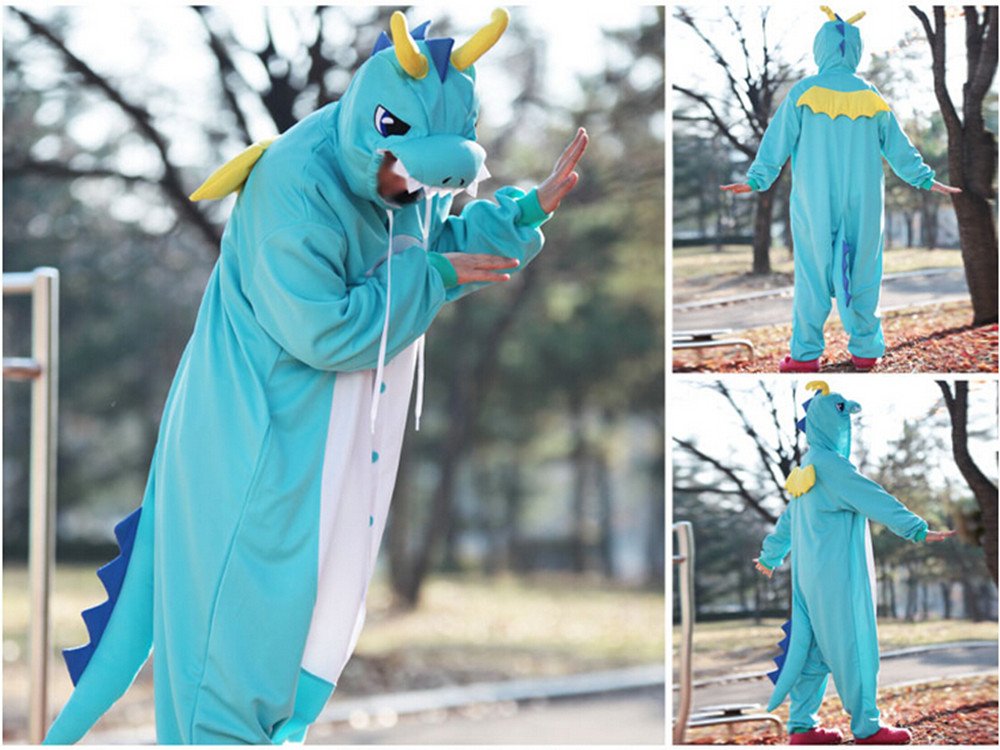 WOTOGOLD Animal Cosplay Costume Unisex Adult Dragon Pajamas With Horn Blue,2XL