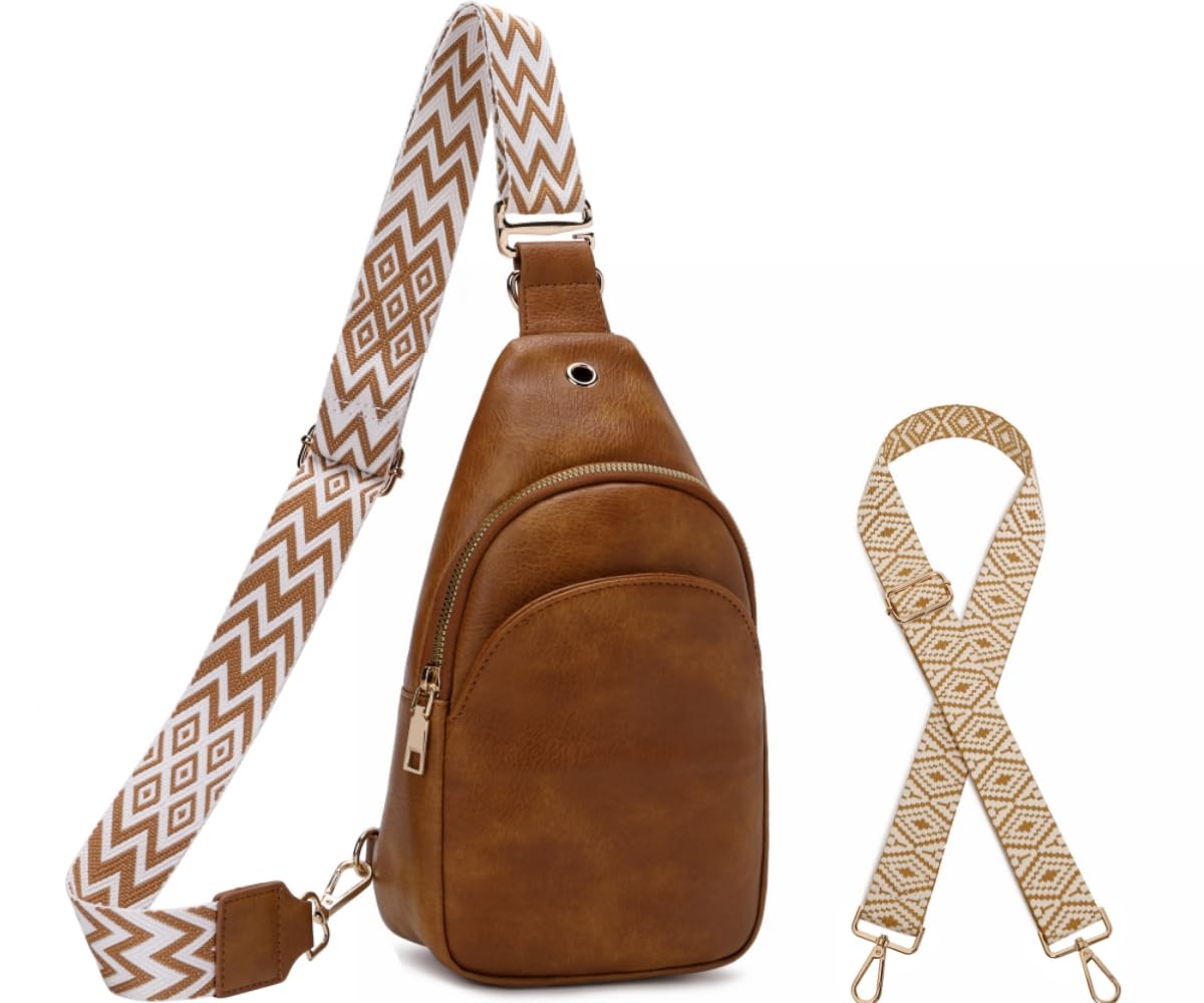 WSRYDJDL Women Small Crossbody PU Leather Chest Bag Sling Bag Satchel Daypack Shoulder backpack for traveling hiking Cycling (Brown W Dlg)
