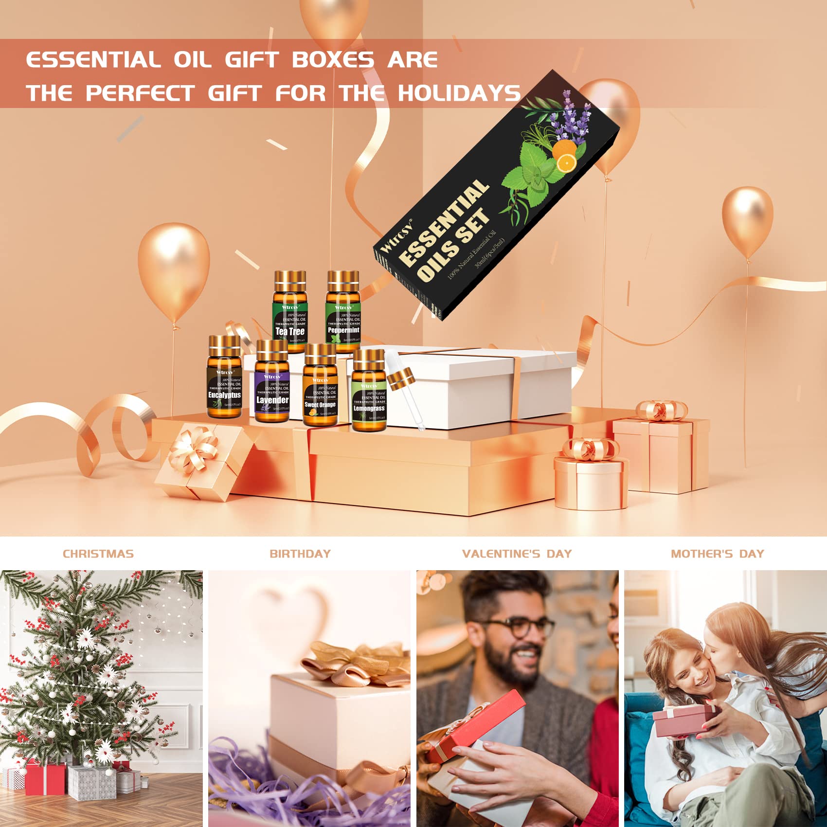 Wtrcsv Essential Oils Set- 6 Aromatherapy Oils -Perfect for Diffuser, Humidifier,Aromatherapy, Candle Making, Massage-Peppermint, Tea Tree, Lavender, Eucalyptus, Lemongrass, Sweet Orange（5ml）