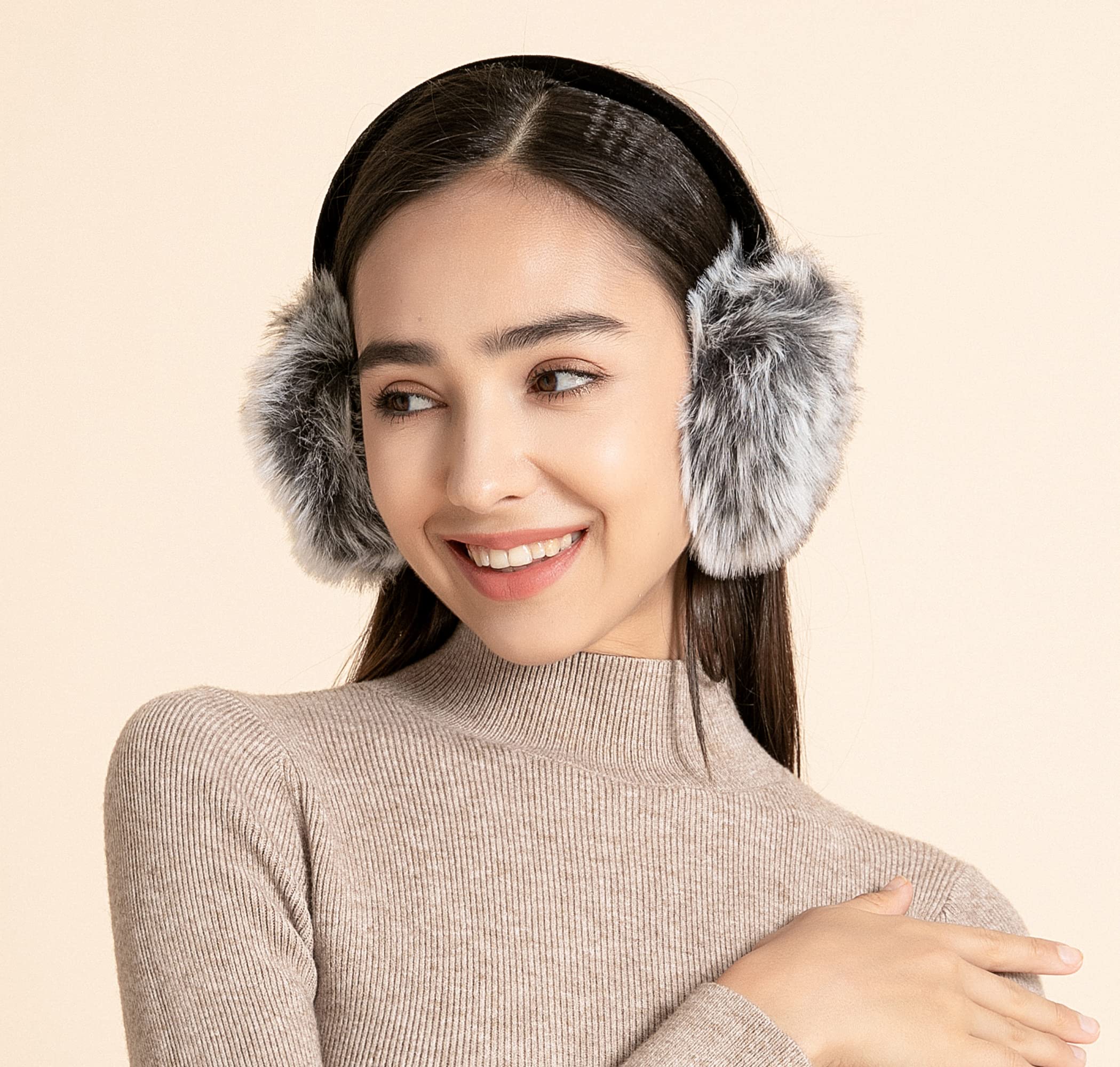 ZLYC Womens Girls Winter Fashion Adjustable Faux Fur EarMuffs Ear Warmers, Grey