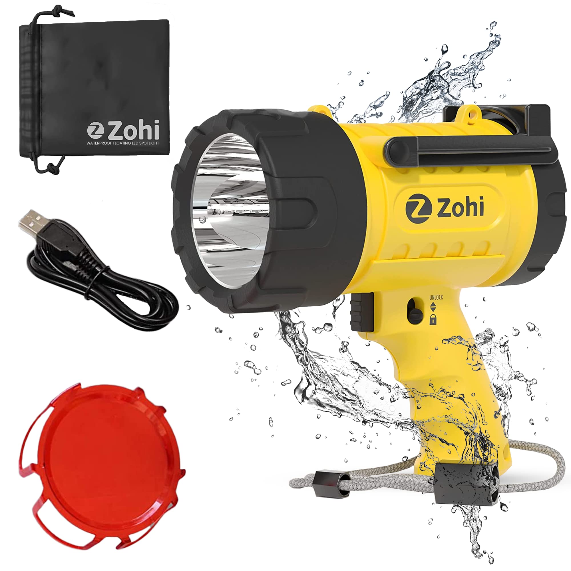 Zohi Waterproof Rechargeable Spotlight High Lumens - LED Super Bright Lumen Flashlight 6000 - USB Rechargeable Searchlight, Boat Spot Light, LED Spotlight Torch, Handheld Powerful Flashlights