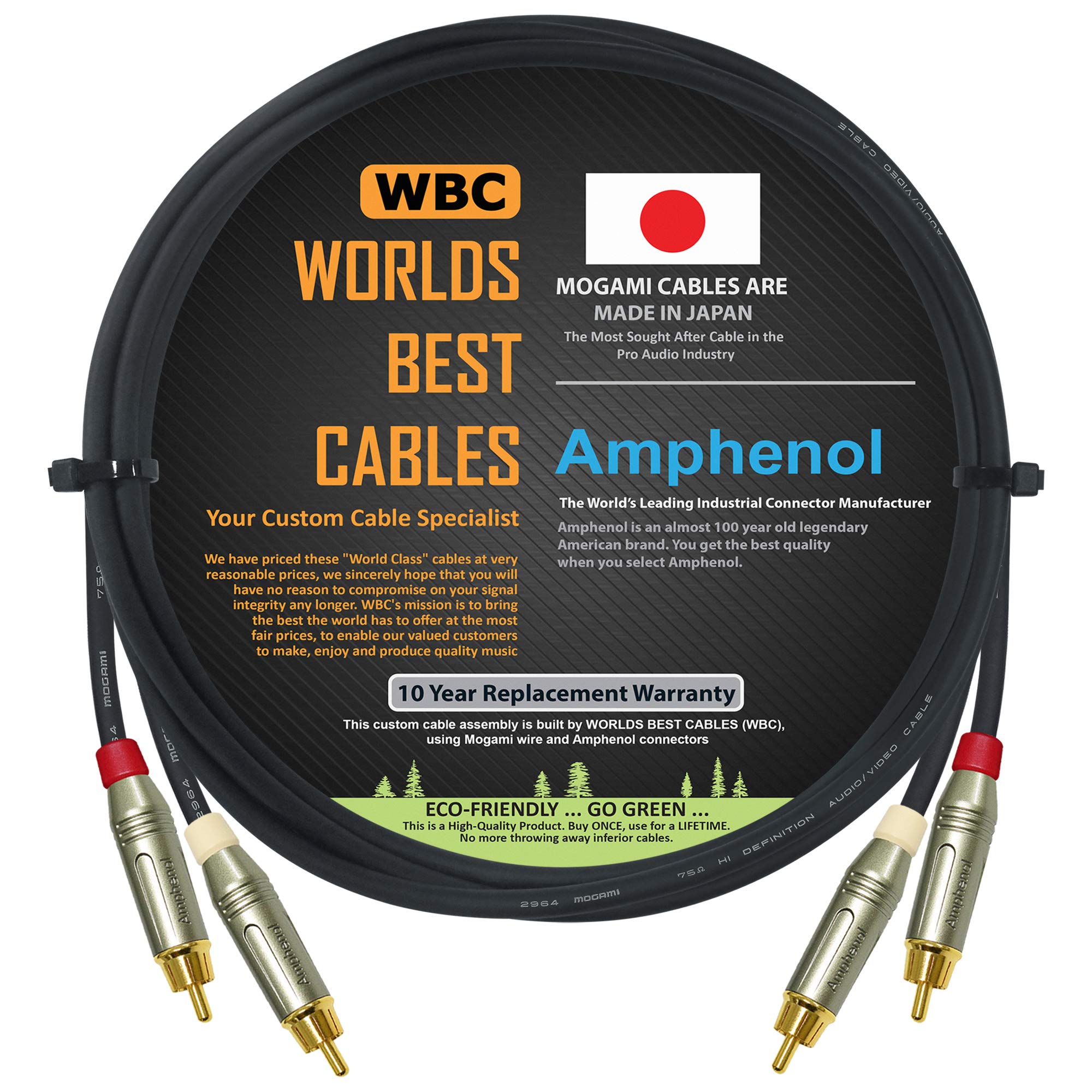 WORLDS BEST CABLES 3.5 Foot โ High-Definition Audio Interconnect Cable Pair CUSTOM MADE using Mogami 2964 wire and Amphenol ACPR Die-Cast, Gold Plated RCA Connectors