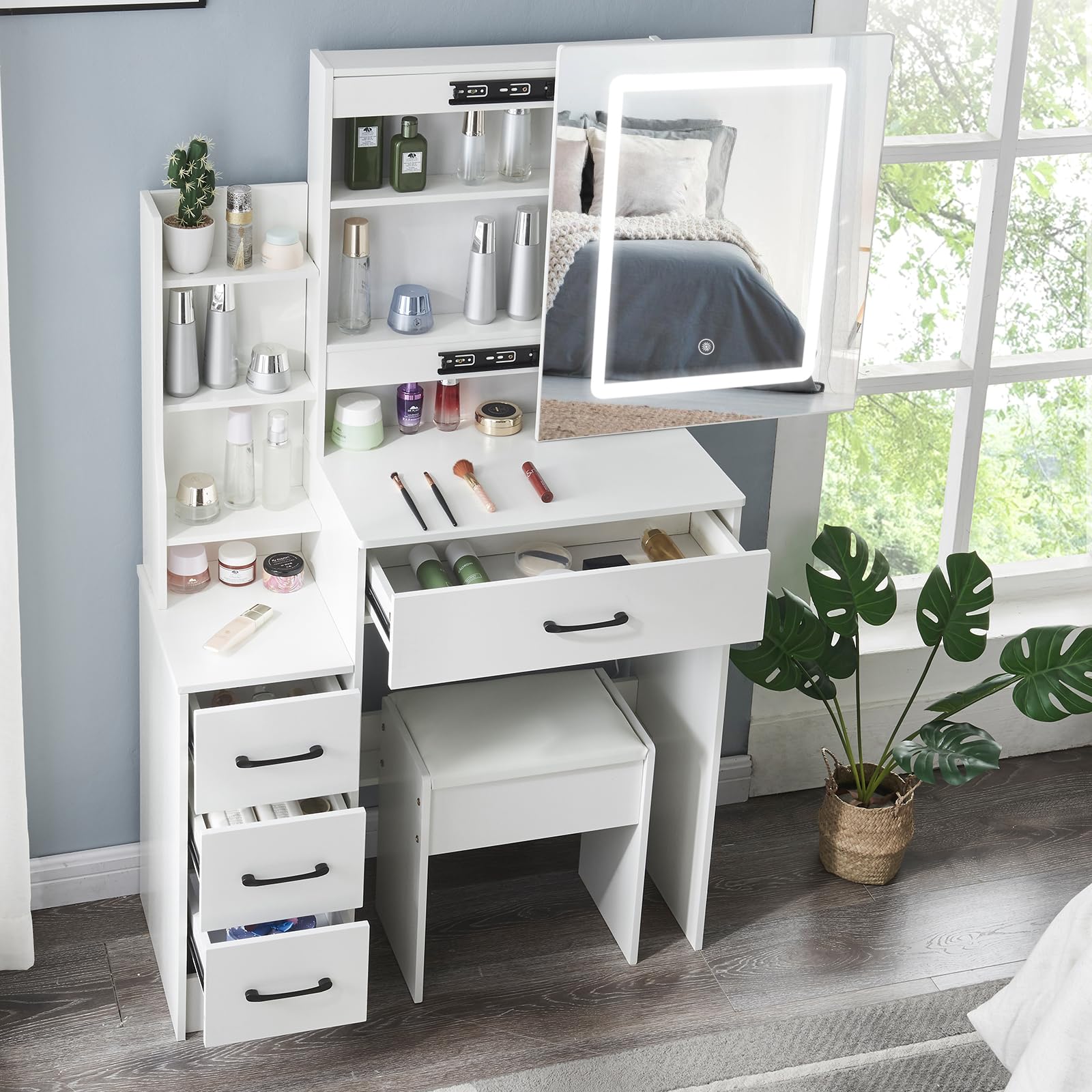 Vanity Desk with Mirror and Light, Large Makeup Vanity with 4 Drawers, Modern Vanity Set with Stool & Shelves, Vanity Dressing Table for Girls Women Bedroom