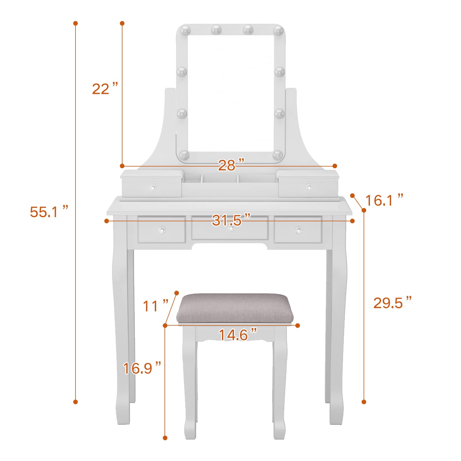 Vanity with Lights Makeup Vanity with Lights and 5 Drawers Vanity Desk with Mirror and Lights 360 Rotation Vanity Table with Lights Vanity with Lighted Mirror Vanity Table Vanity Set(White)