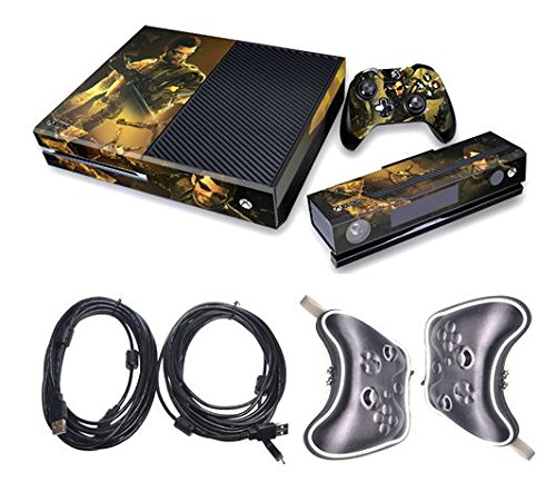 XBOX ONE( デウスエクスヒューマンレボリューション )Deus Ex: Human Revolutionスキンシール(本体+Kinectセンサー+コントローラ)+充電&データ転送ダブルコア付き MicroUSBケーブル 5.0m+ コントローラ保護ケース(2个 ブラック/ ブラック)セット
