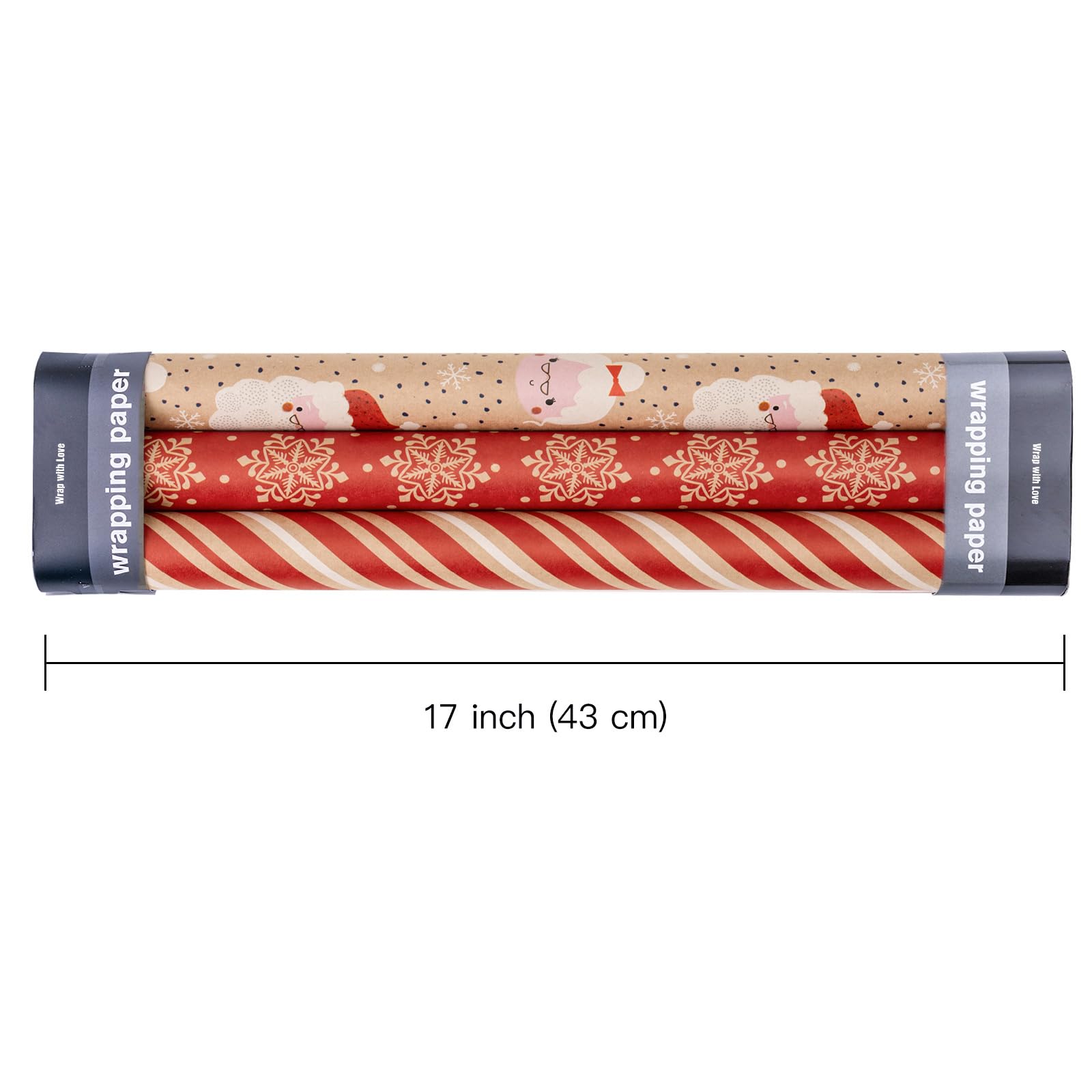 WRAPAHOLIC Kraft Christmas Wrapping Paper Roll - Mini Roll - 3 Rolls - 17 Inch X 120 Inch Per Roll - Red and White Santa Claus, Snowflake Holiday Collection with Faint Fragrance