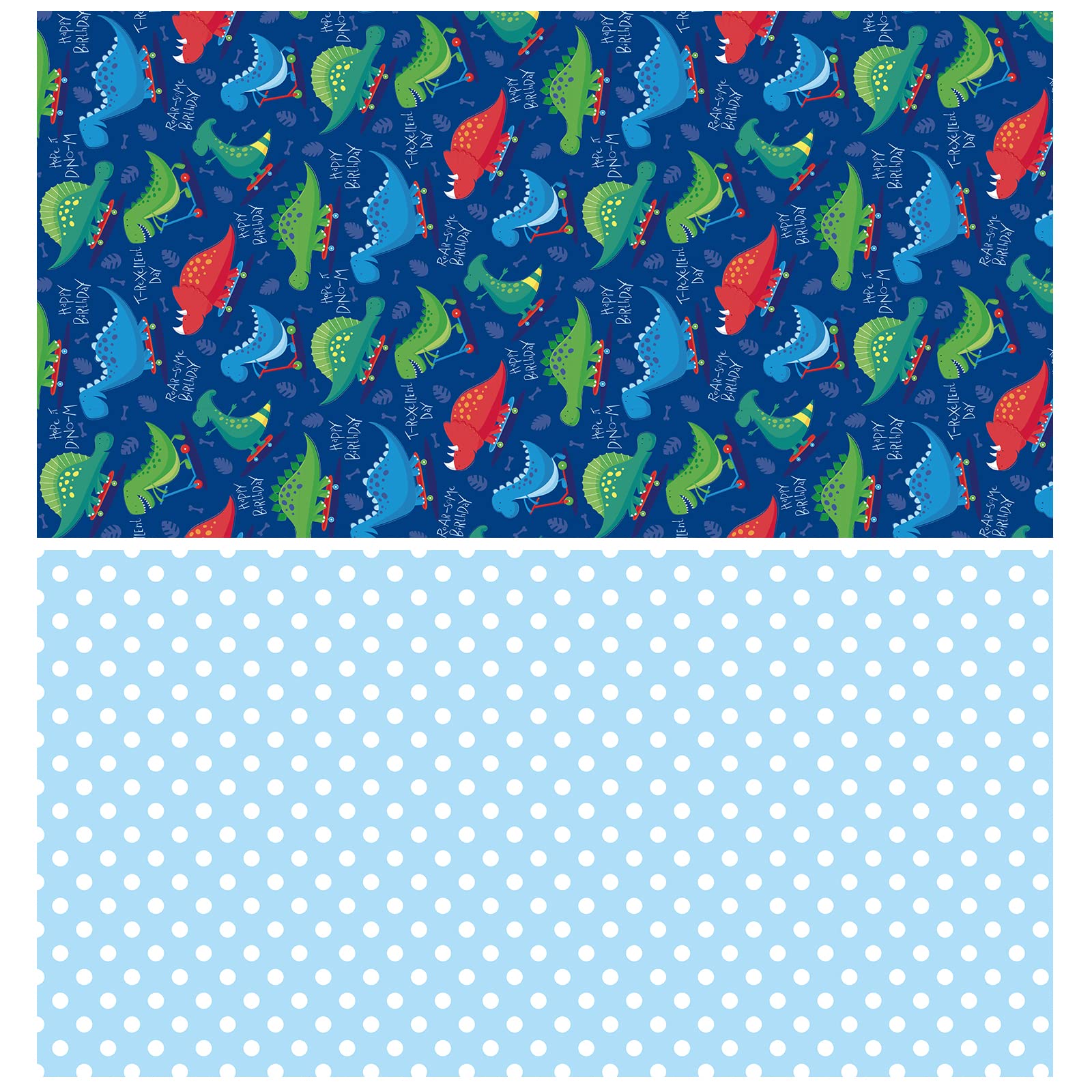 WRAPAHOLIC Reversible Wrapping Paper - Mini Roll - 17 Inch x 33 Feet - Dinosaur and Polka Dot Design for Kid's Birthday, Party, Baby Shower