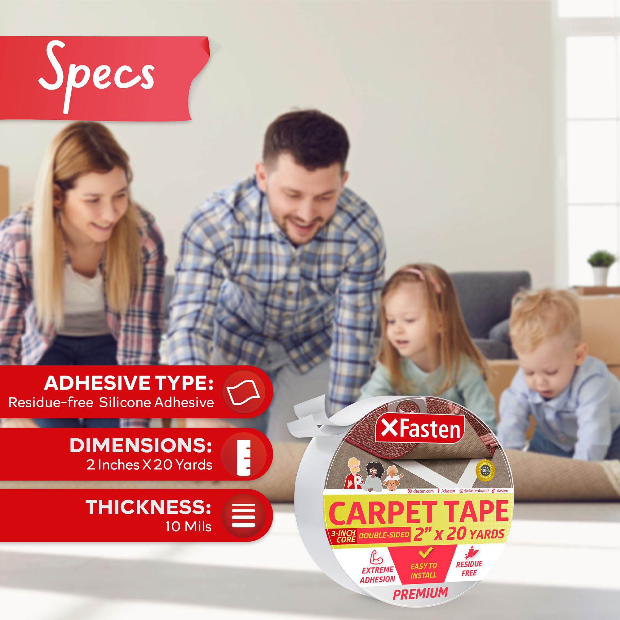 XFasten Carpet Tape Double Sided - Heavy Duty 2β x 20 yds Gentle on Surface Double Sided Carpet Tape for Area Rugs over Carpet for Hardwood Floors, Corner Rug Tape for Carpet to Carpet