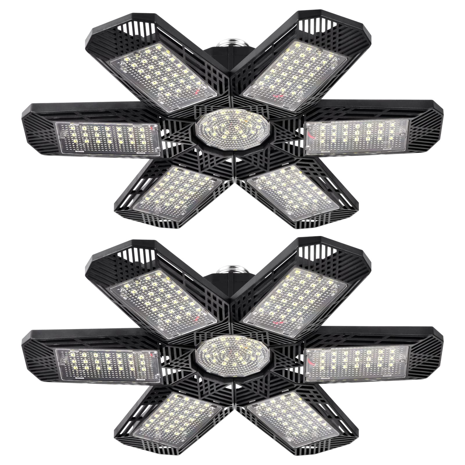 ZZENRYSAM 2 Pack LED Garage Lights, 120W 12000LM 6500K Deformable LED Garage Ceiling Light with 6+1 Multi-Position Panels, Shop Light for Garage, High Bay Light Support E26/E27 Socket(Black, Type A)