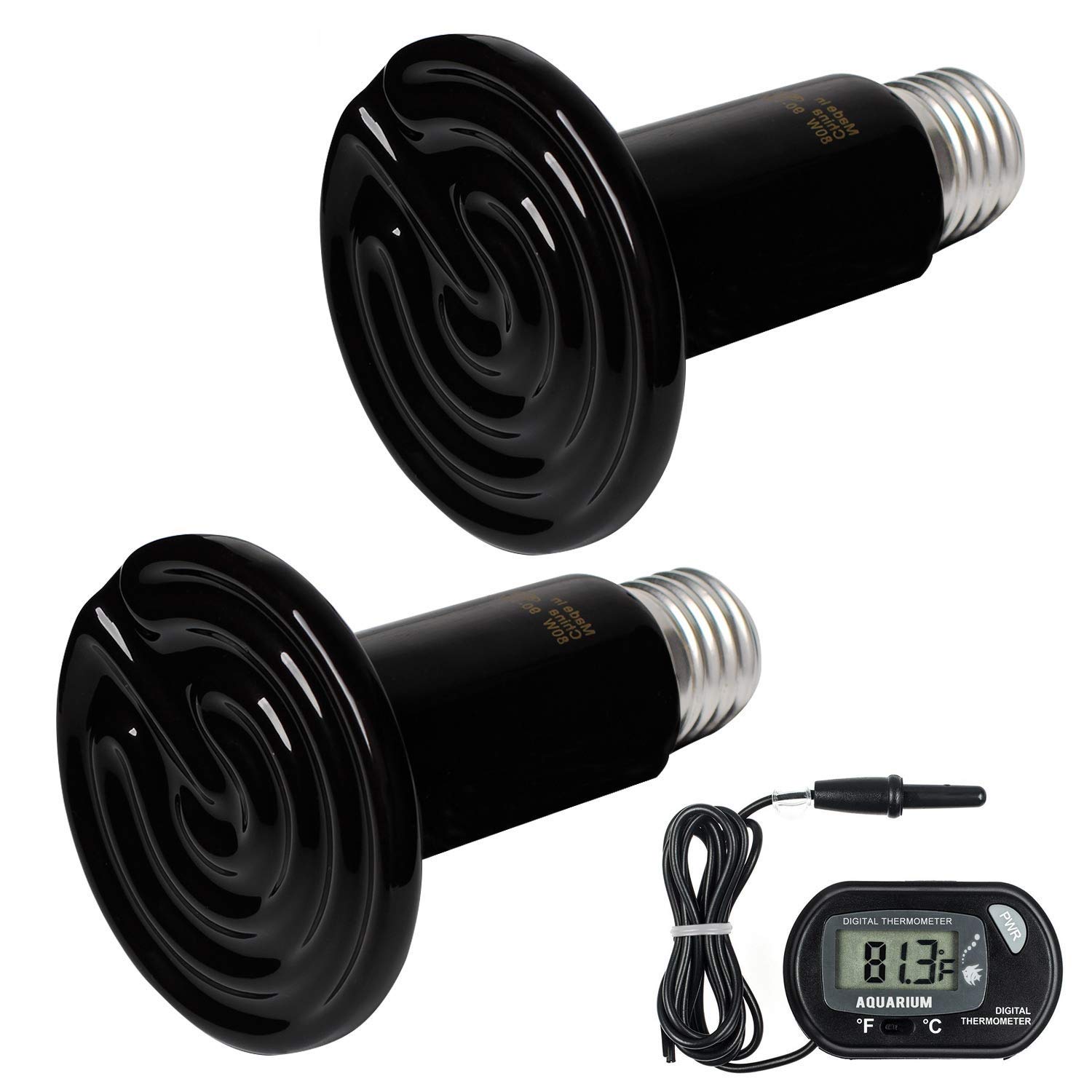 WUHOSTAM 2 Pack 80W Ceramic Heat Lamp with 1-pcs Digital-Thermometer, Infrared Reptile Heat Emitter Heater Lamp Bulb for Pet Brooder Coop Chicken Lizard Turtle Snake Aquarium ETL Listed